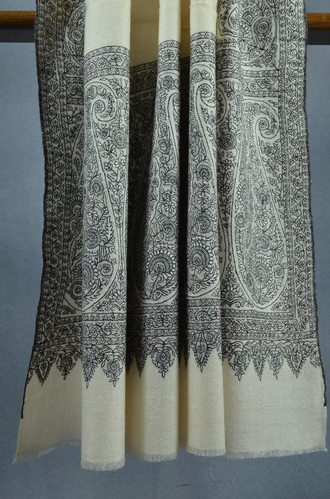 Ivory Big Border Embroidery Cashmere Pashmina Shawl – purekashmir.com
